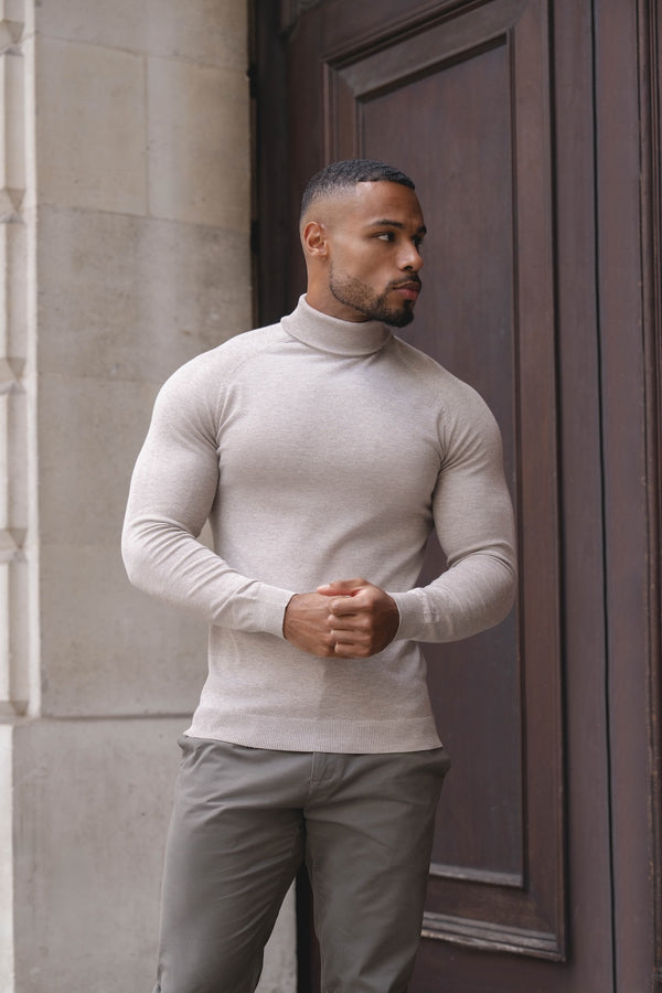 Cotton Blend Roll Neck Sweater in Neutral Marl