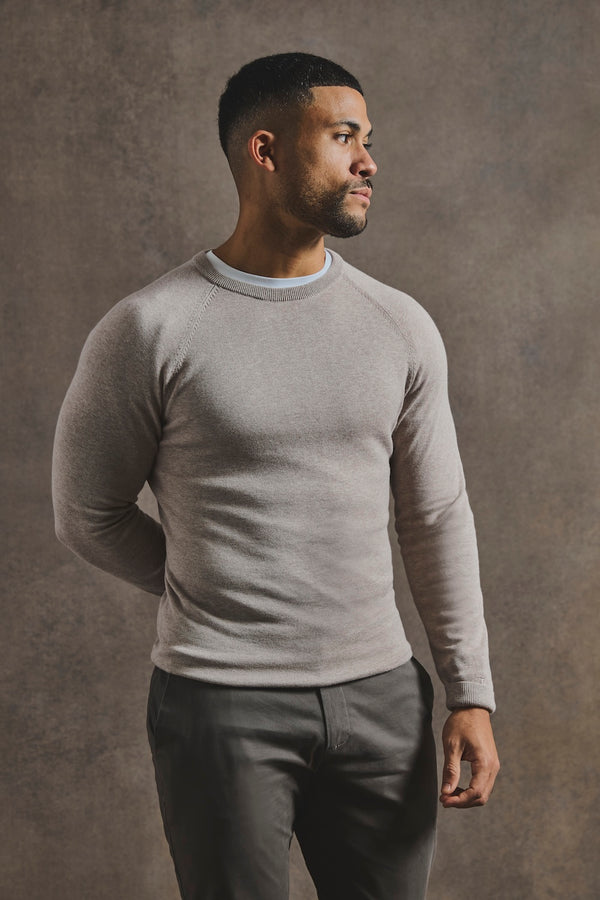 Pure Cotton Knitted Crew Neck Sweater in Neutral Marl