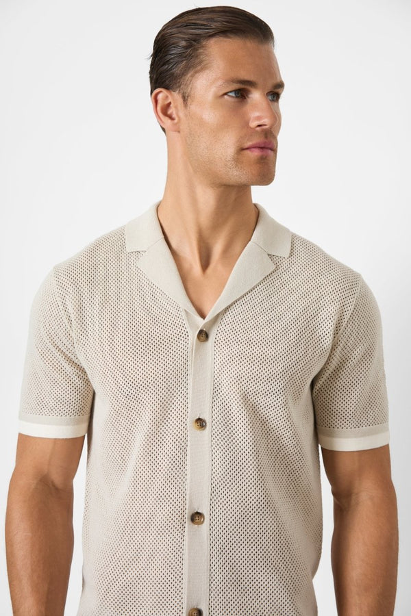 Open Stitch Cuban Collar Knitted Shirt in Stone