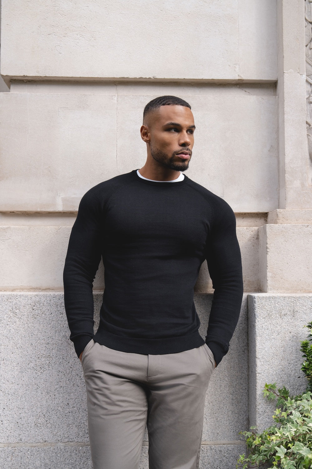 Pure Cotton Knitted Crew Neck Sweater in Black