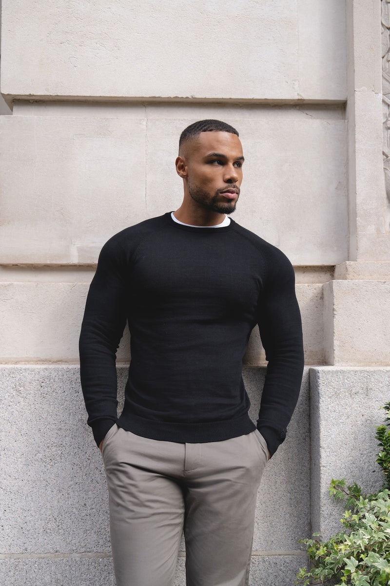 Pure Cotton Knitted Crew Neck Sweater in Black