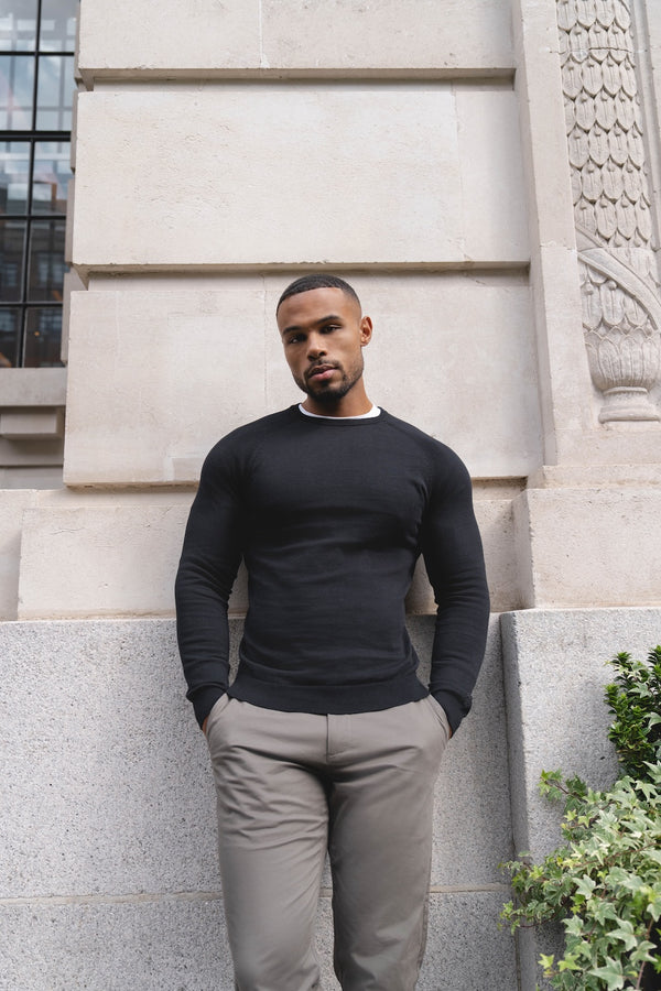 Pure Cotton Knitted Crew Neck Sweater in Black
