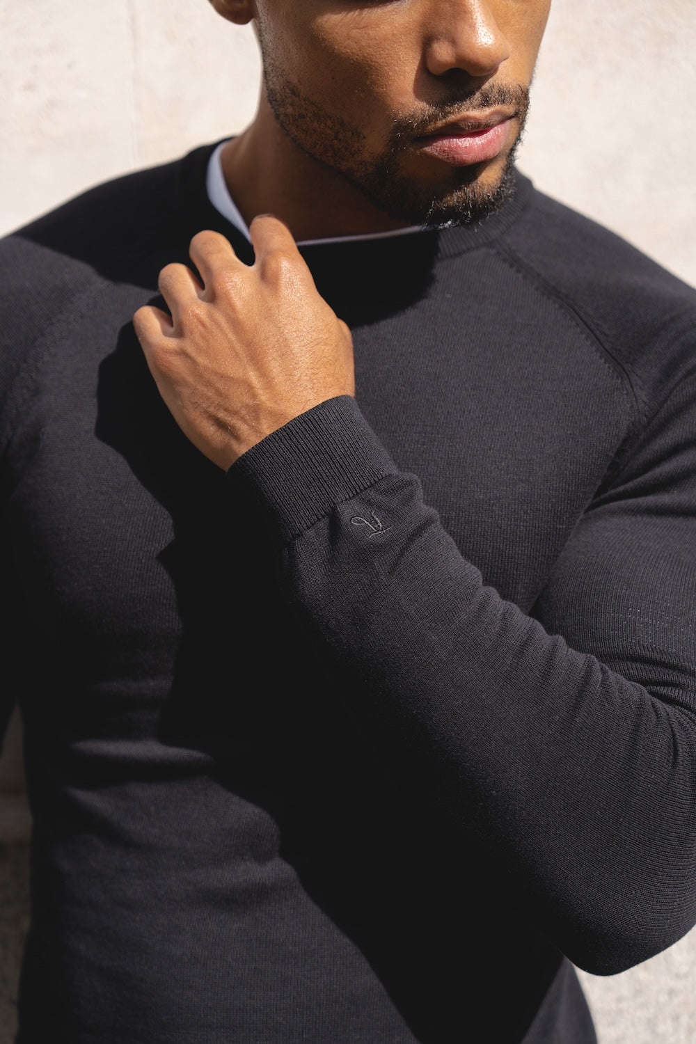 Pure Cotton Knitted Crew Neck Sweater in Black