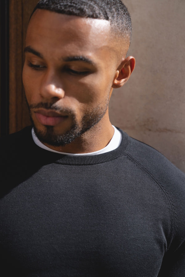 Pure Cotton Knitted Crew Neck Sweater in Black