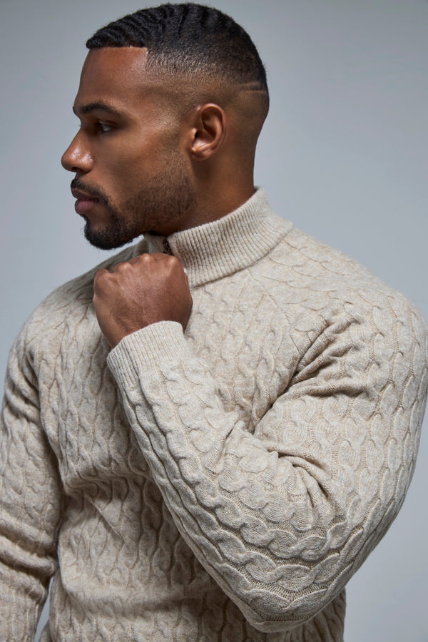 Soft Cable Half Zip Neck Sweater in Neutral Marl