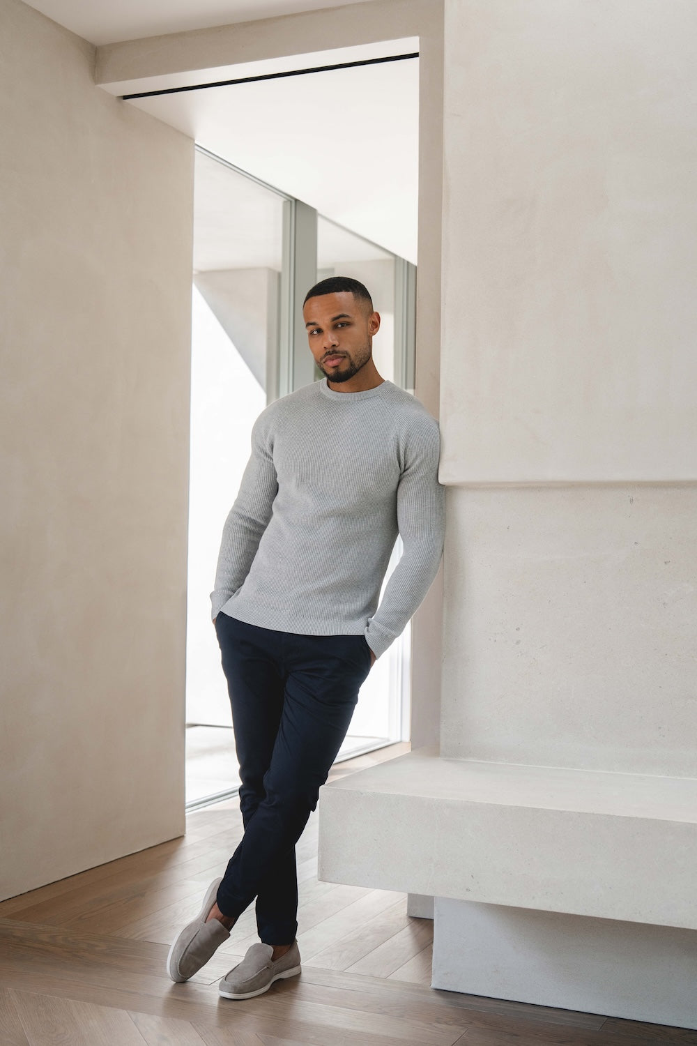 Pure Cotton Knitted Textured Crew Neck Sweater in Silver Grey Marl