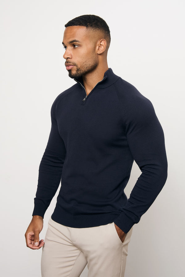 Pure Cotton Knitted Half Zip Neck Sweater in Navy